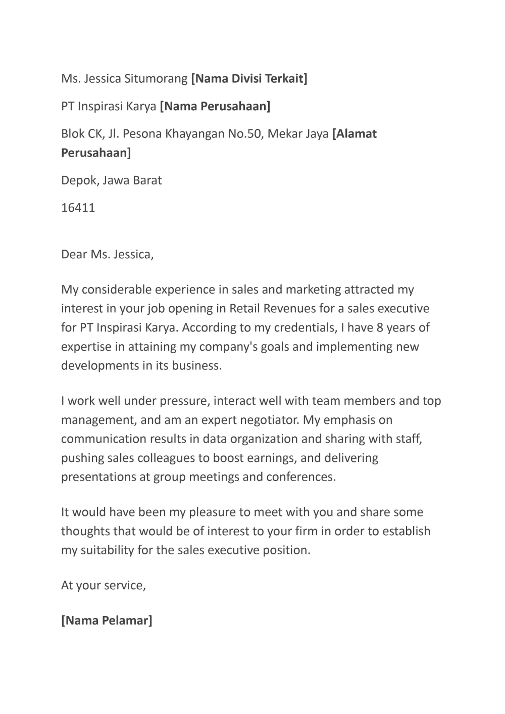 Contoh Short Application Letter Text